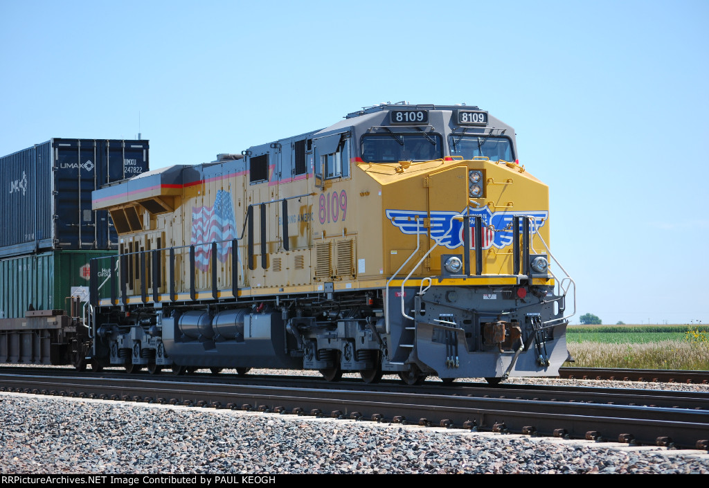 UP 8109 sits patiently on Main 2 waiting for another westbound train to clear Main 1 so she can ...